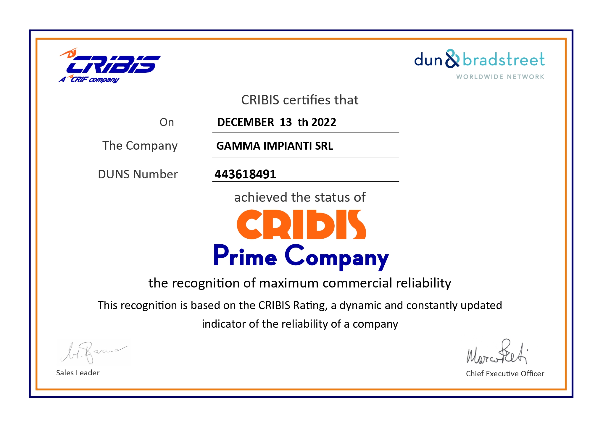 Gamma Impianti Srl receives recognition as CRIBIS prime company - Gamma impianti